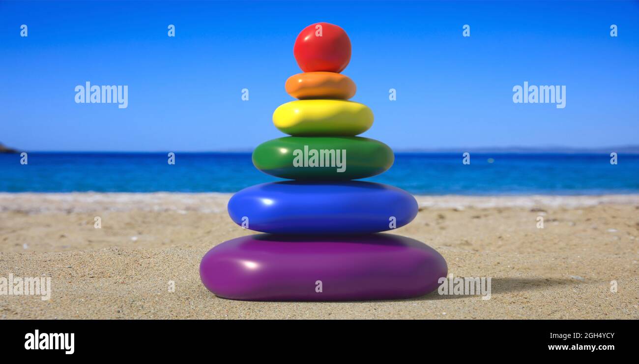Smooth pebbles in gay pride colors stack balance on sandy beach ...