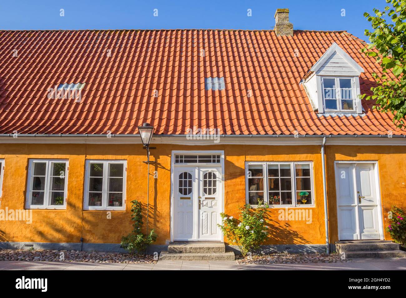Front facade of a typical Danish house in Christiansfeld, Denmark Stock ...