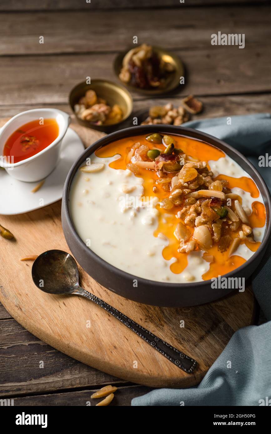 Close up Ashure or Noah's pudding is an islamic dessert made of grains ...