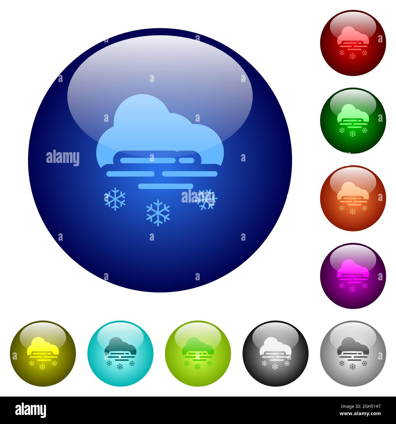 Misty and snowy weather icons on round glass buttons in multiple colors. Arranged layer ...