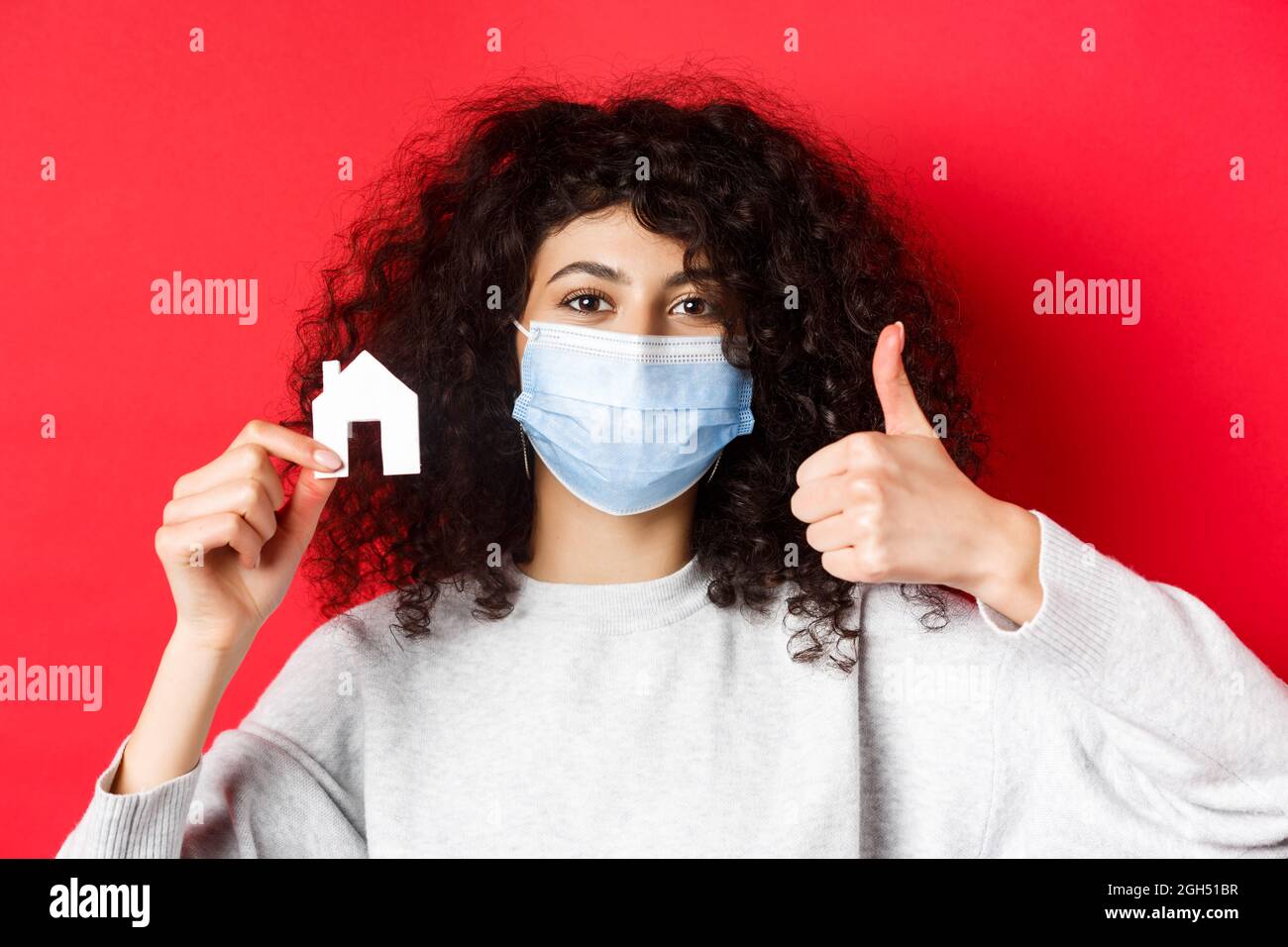 Real estate and pandemic concept. Close-up of woman recommending agency ...