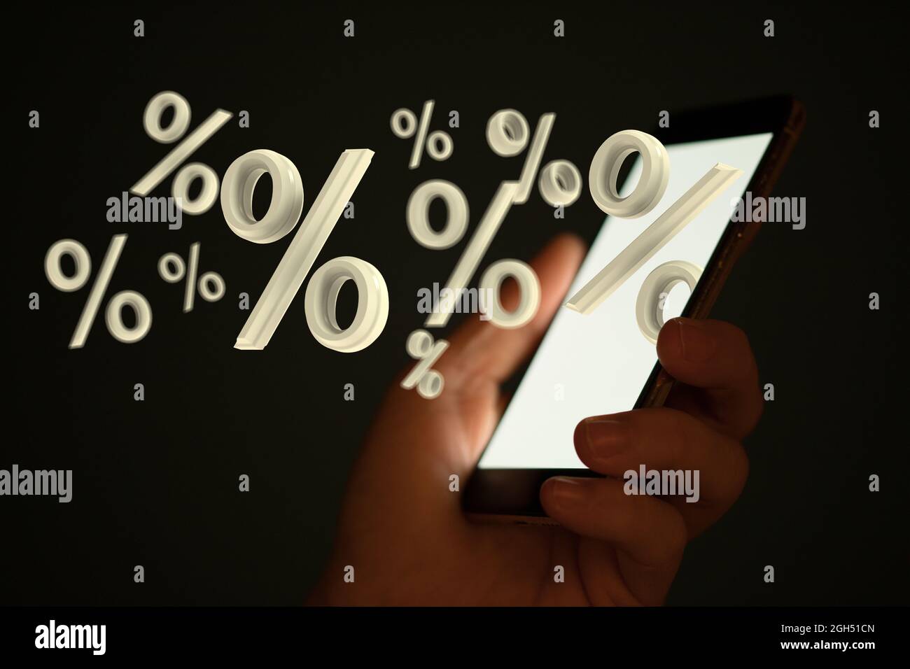 A digital concept of discount and commission, 3d percent signs floating ...