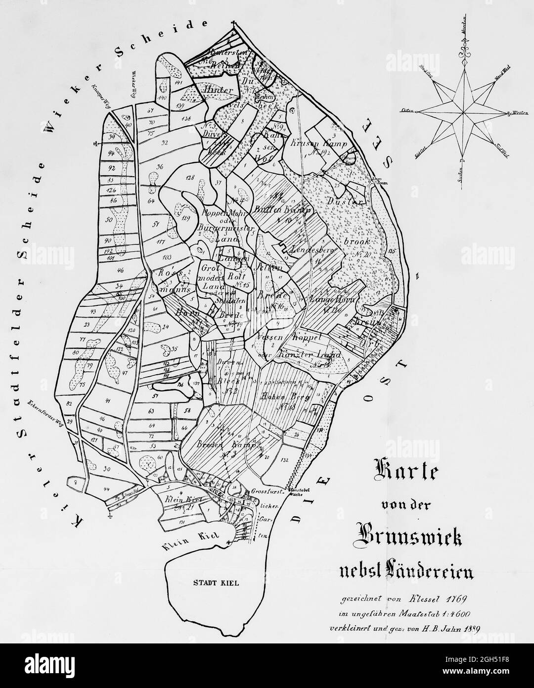 Historic map of Brunswik and etstaes in 1769, north of Kiel town, scale ...