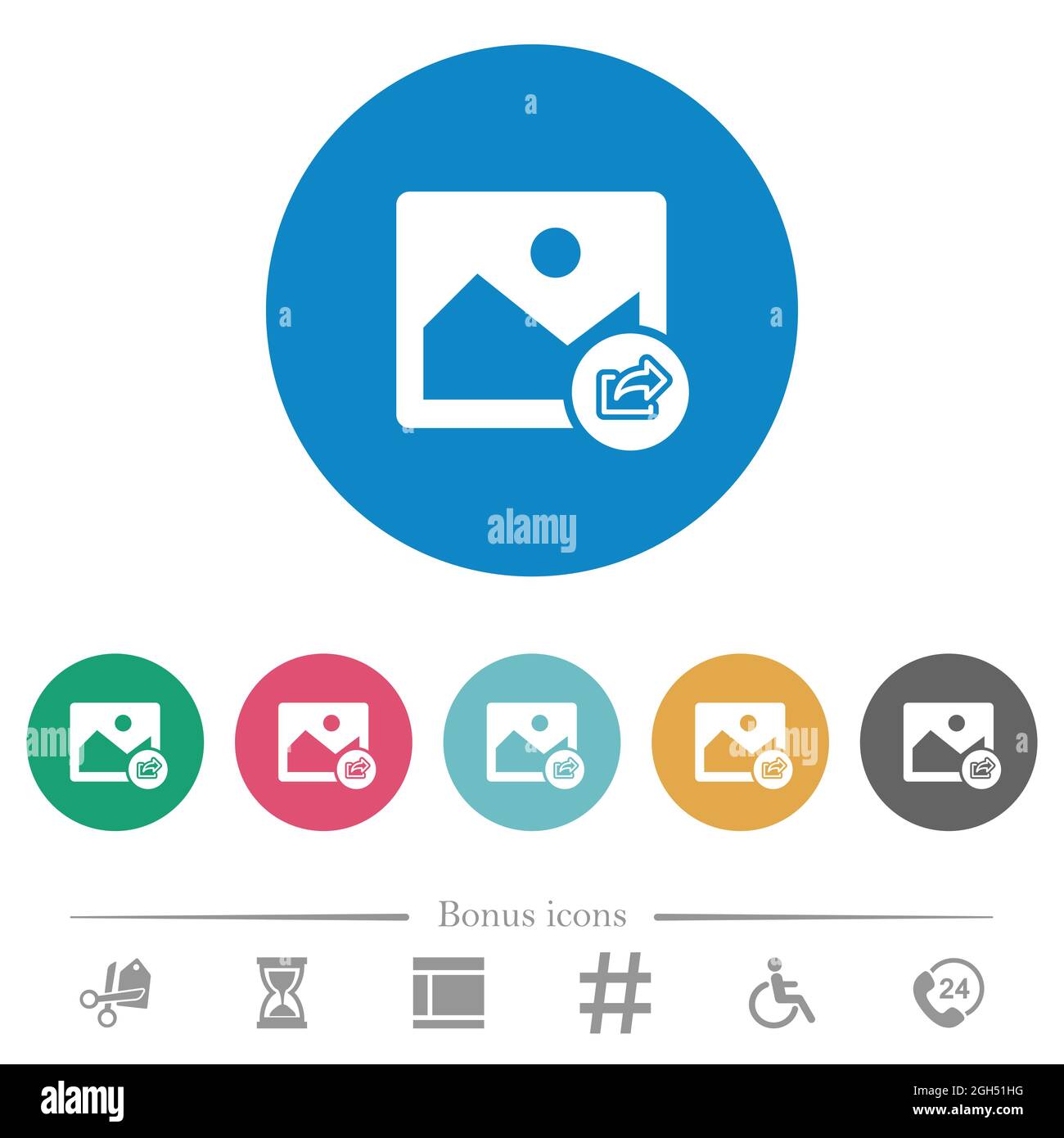 Export image flat white icons on round color backgrounds. 6 bonus icons ...