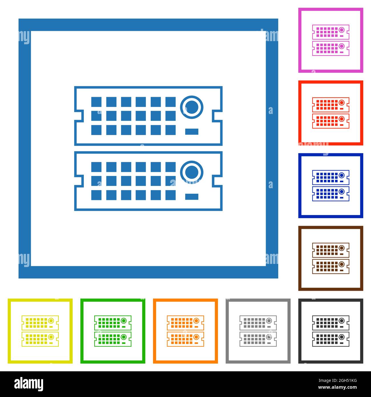 Rack servers outline flat color icons in square frames on white ...