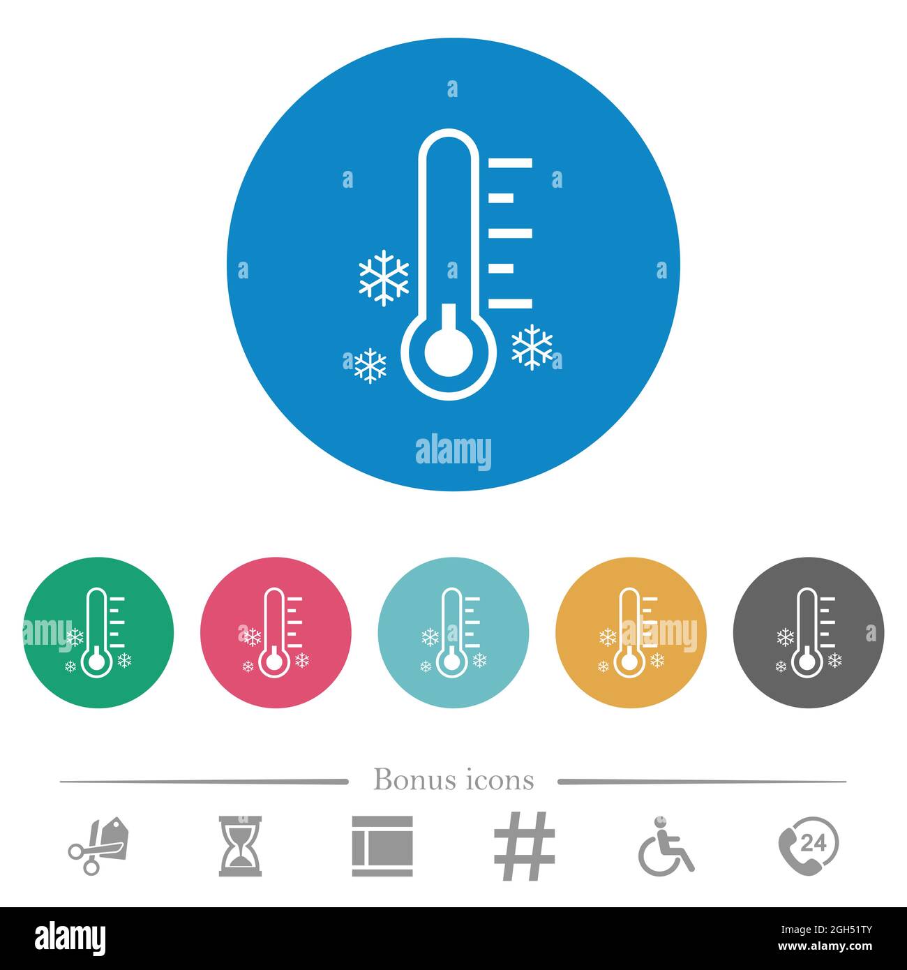 Thermometer frosty temperature flat white icons on round color backgrounds. 6 bonus icons ...