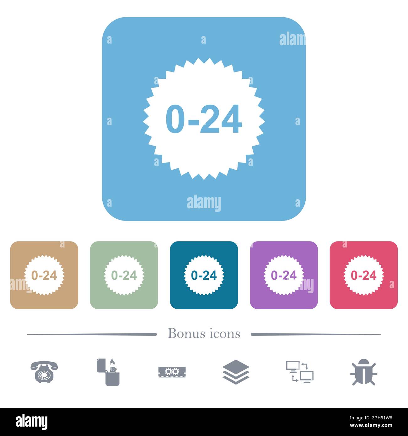 24 hours sticker white flat icons on color rounded square backgrounds ...