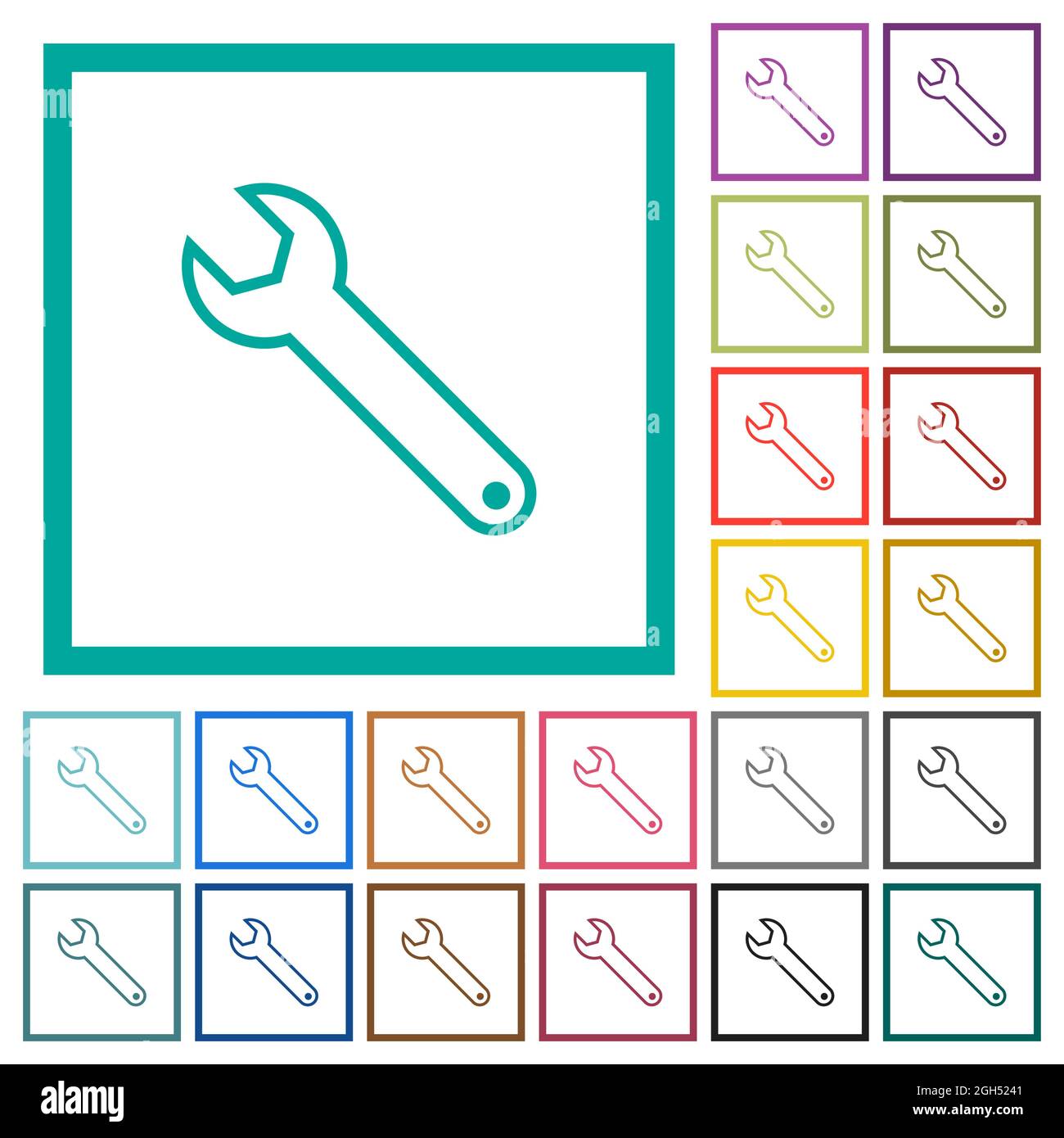 Single wrench outline flat color icons with quadrant frames on white ...