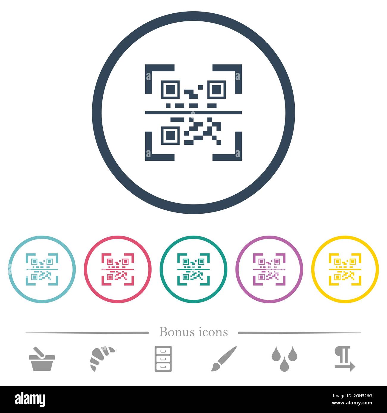 QR code scanning flat color icons in round outlines. 6 bonus icons ...
