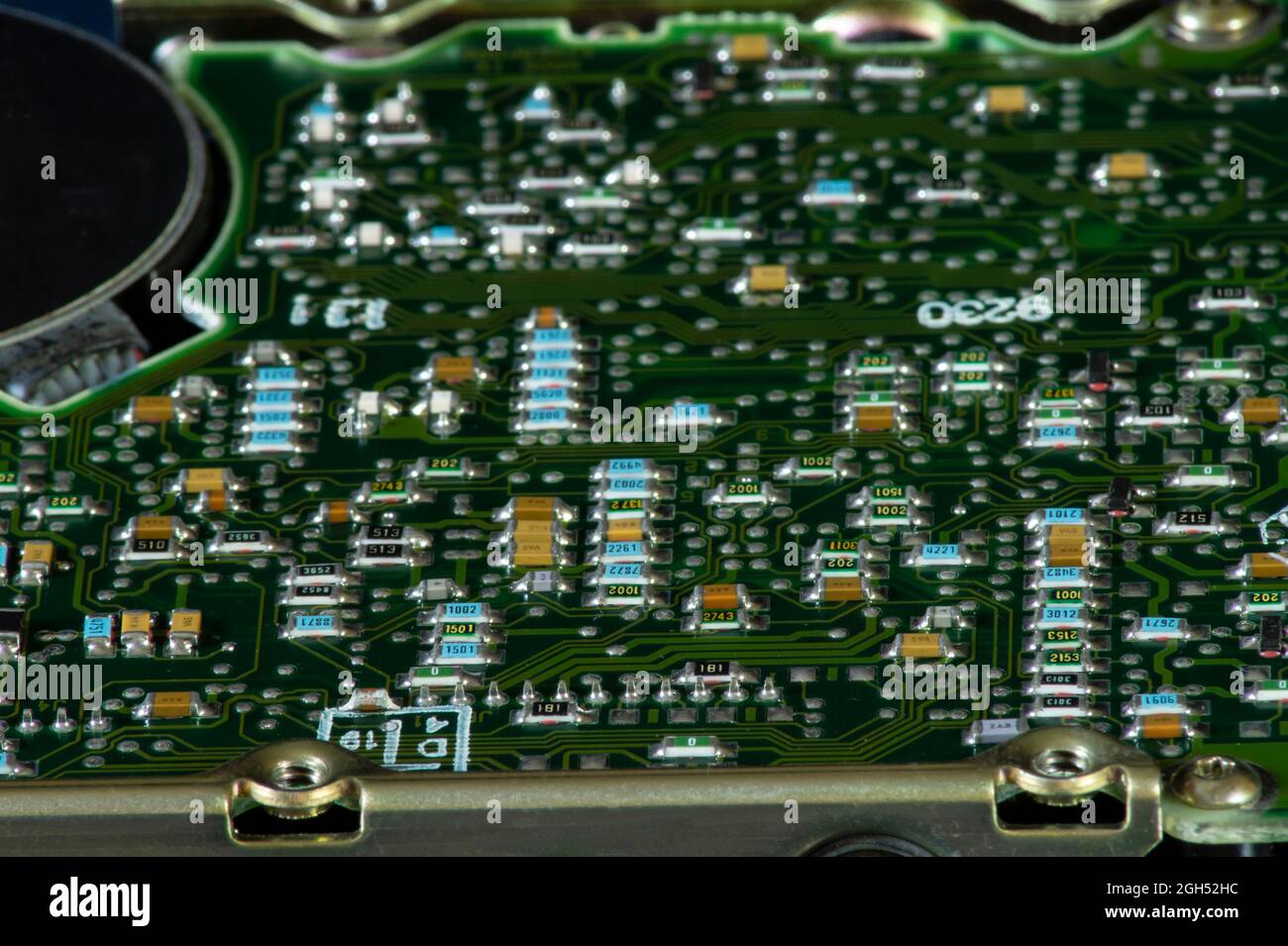 Radio components on the printed circuit board. Close-up photo. Top view ...
