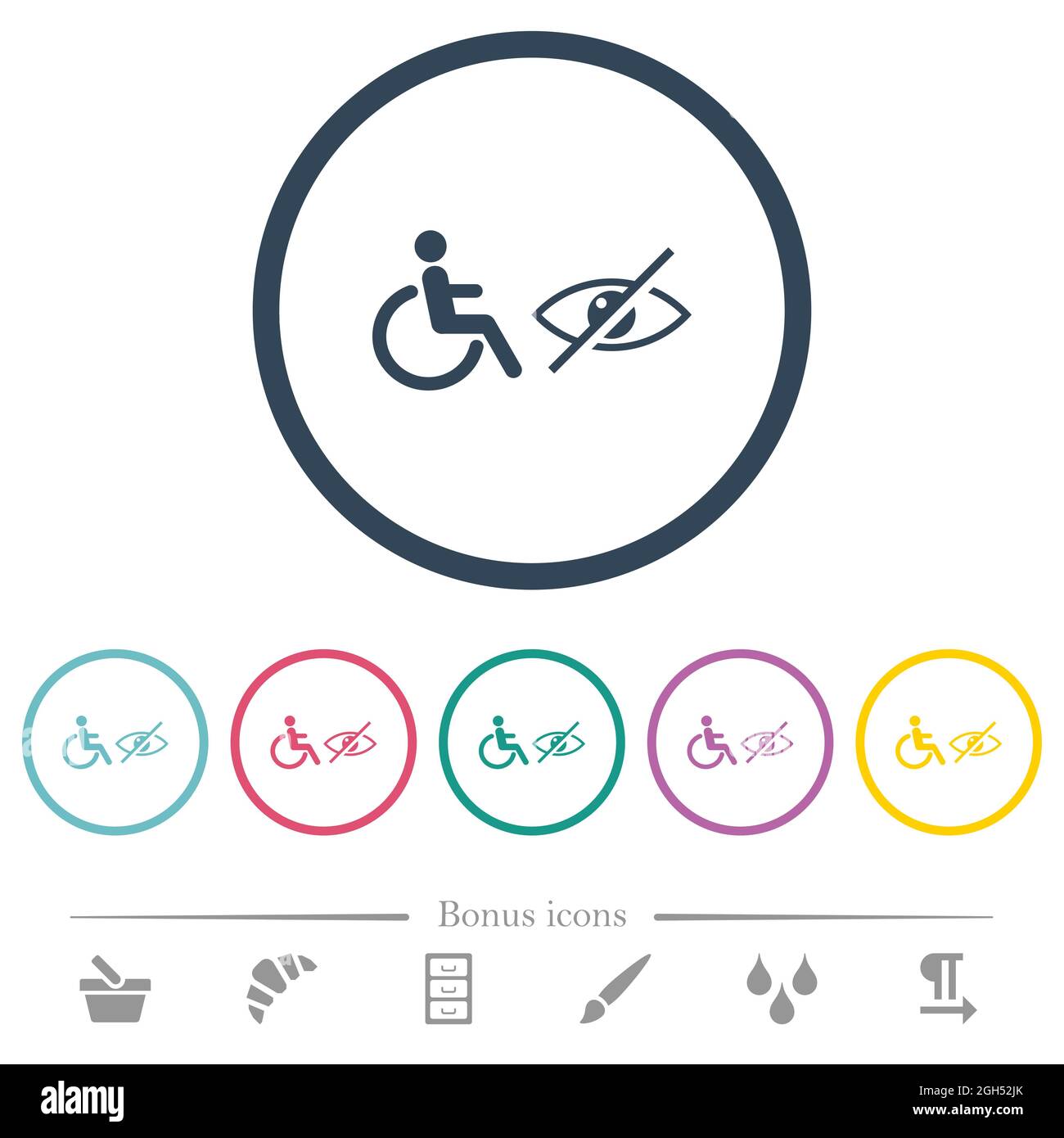 Wheelchair and visually impaired symbols flat color icons in round ...