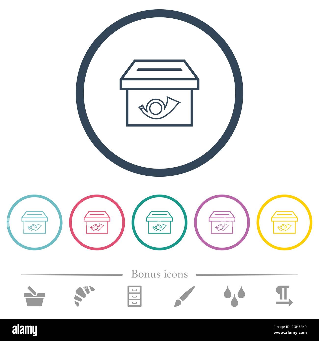 Post box outline flat color icons in round outlines. 6 bonus icons ...