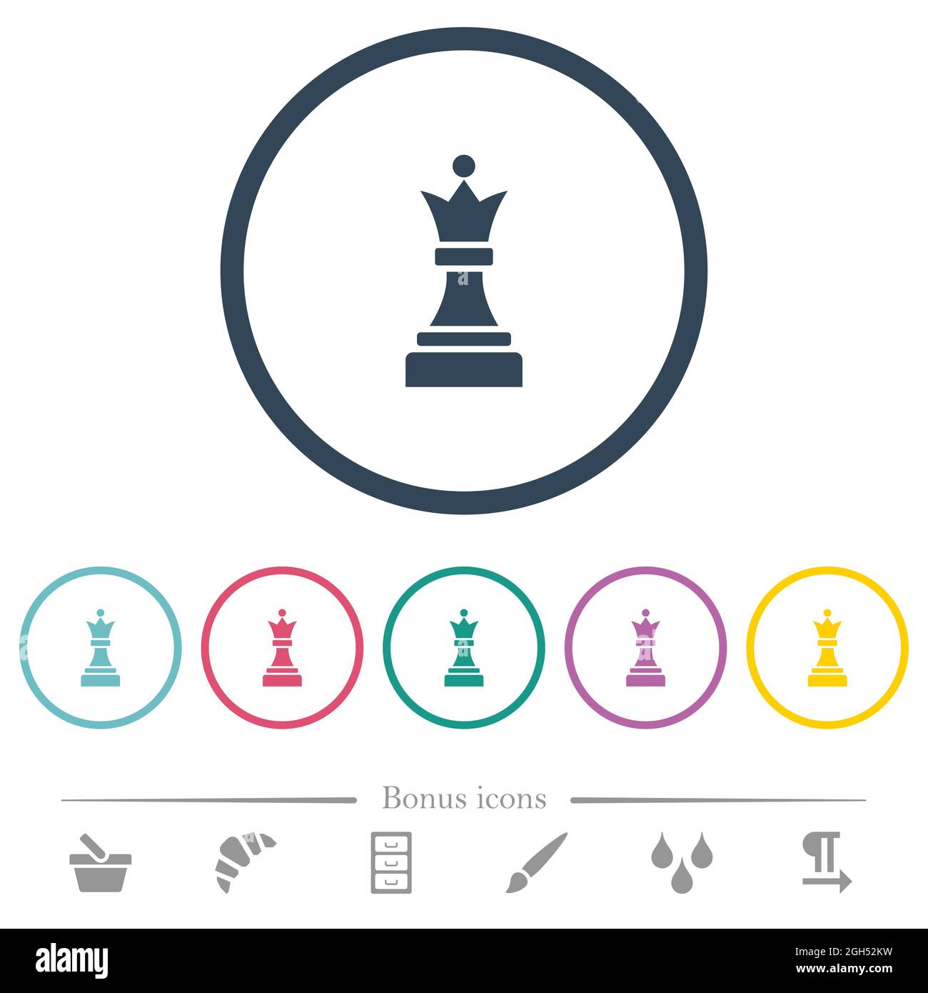 Black chess queen flat color icons in round outlines. 6 bonus icons ...