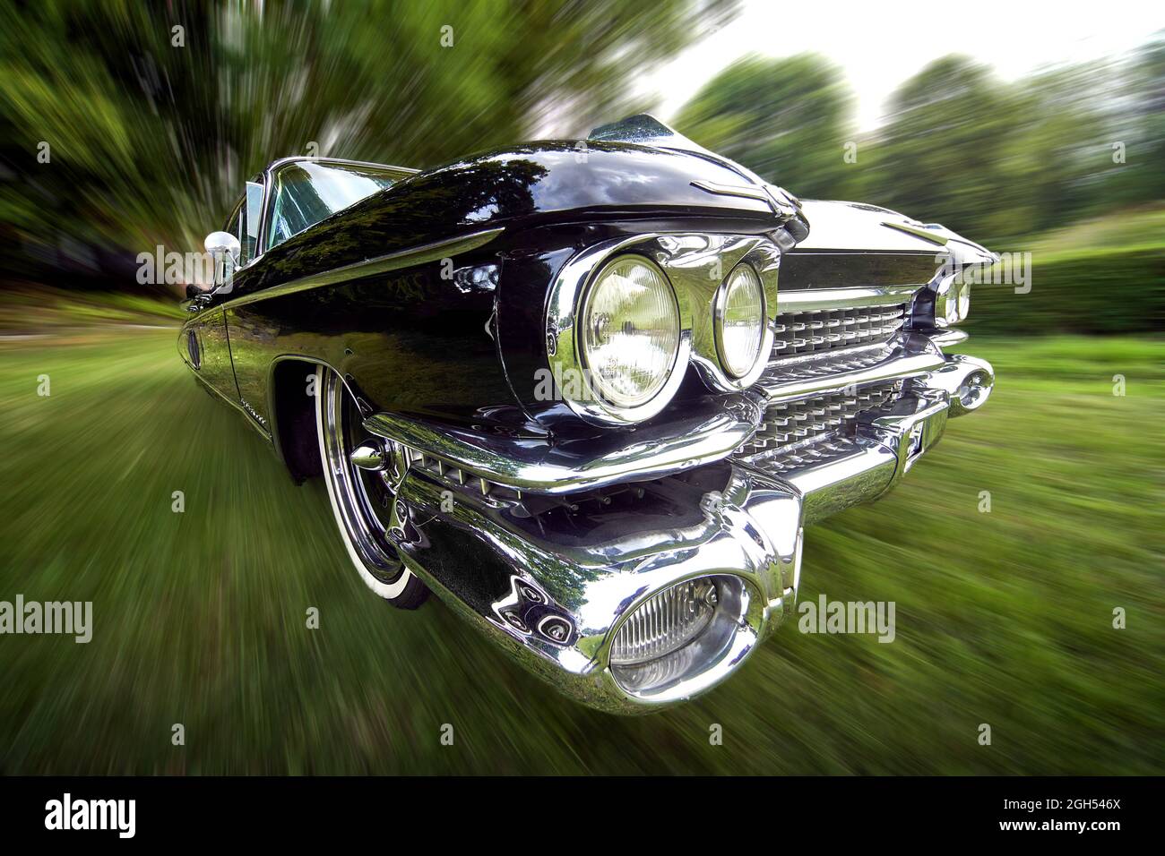 Front part of an american classic road cruiser, wide angle shot with ...