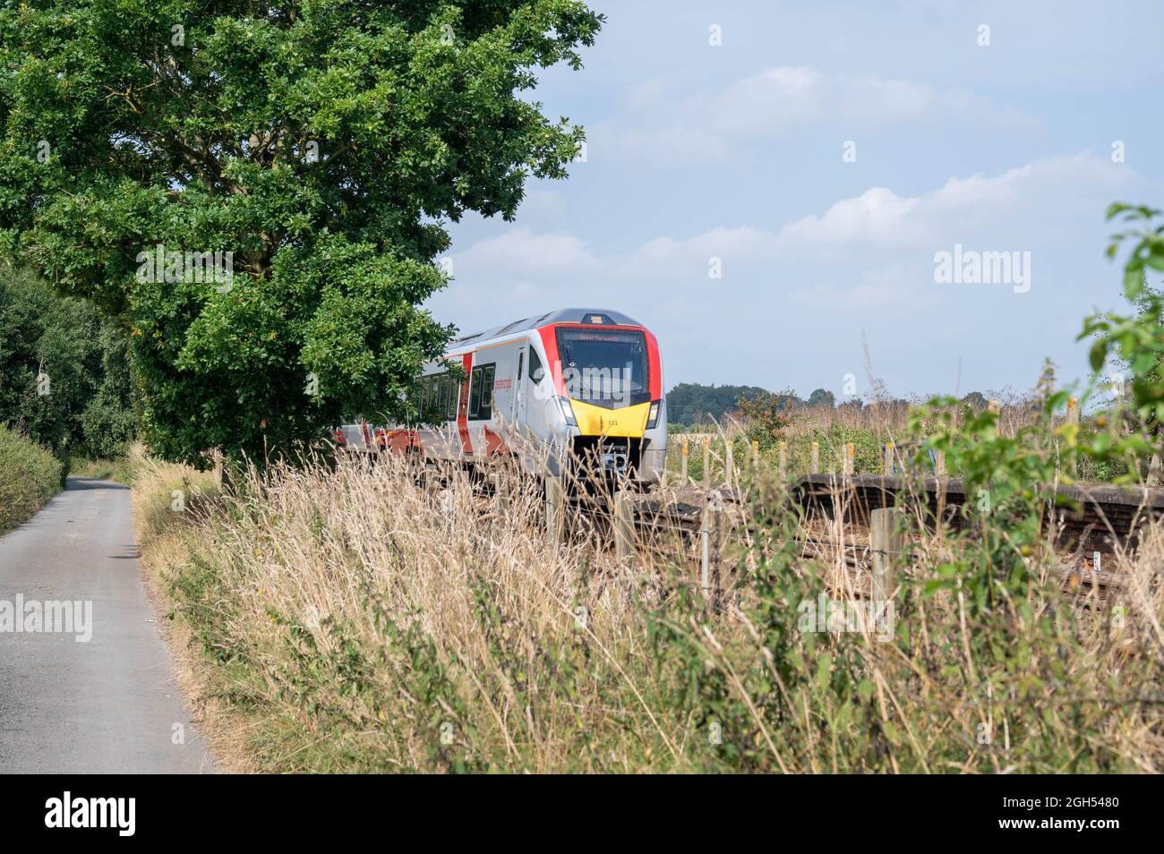 British Rail Train arriving at buckenham Marsh train station in Norfolk ...