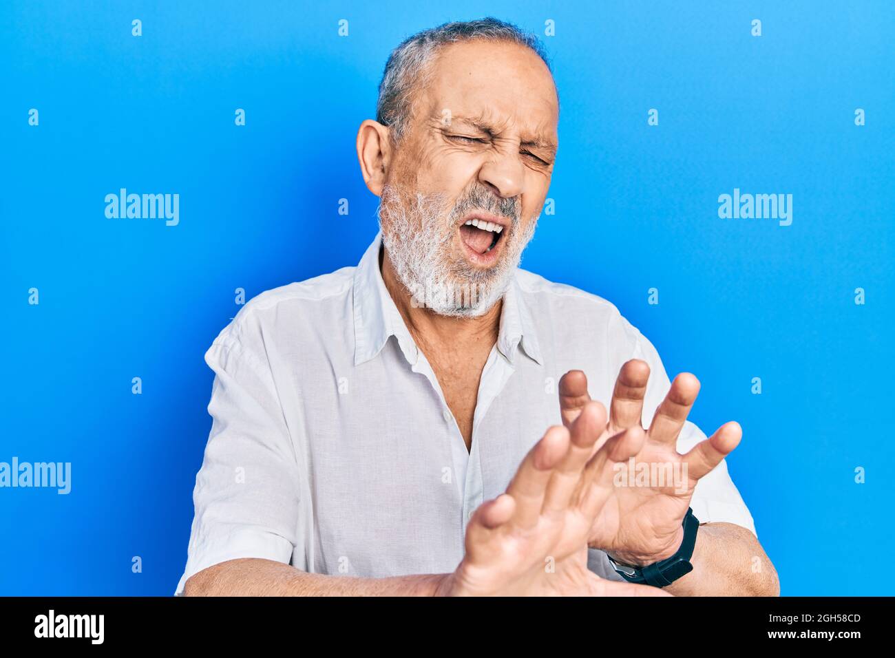 Handsome senior man with beard wearing casual white shirt disgusted ...