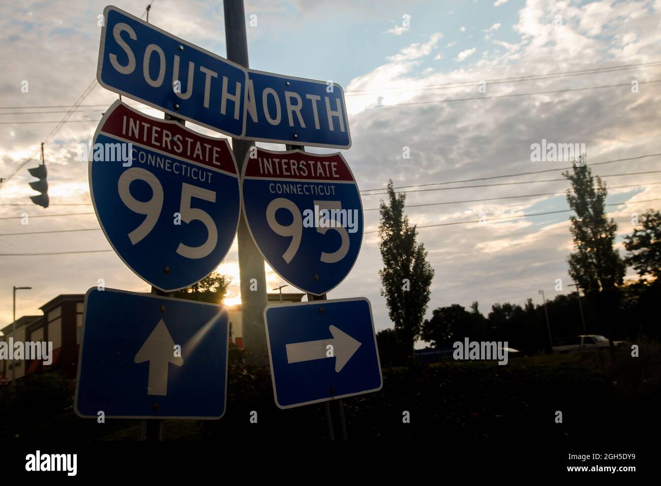 NORWALK, CT, USA- SEPTEMBER 5, 2021: Interstate road sign on Post road ...