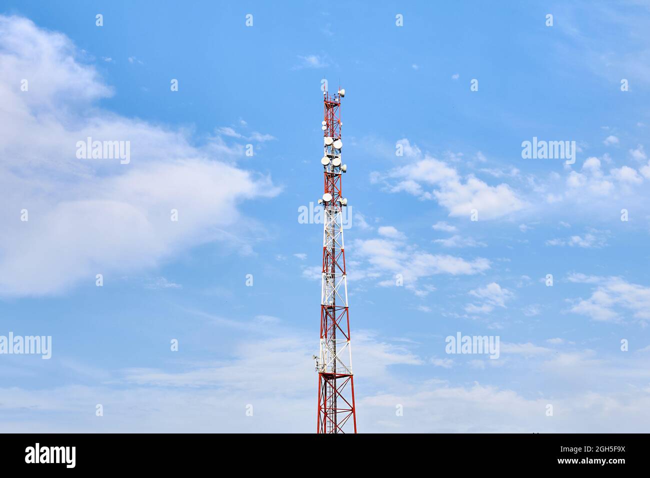 Technologies and telecommunications. GSM tower 5G,4G,3G. The antenna of a cell phone. Receiving ...