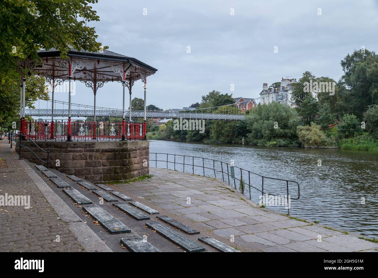 Bandstand on the side of River Dee at Chester as the Queens Bridge ...