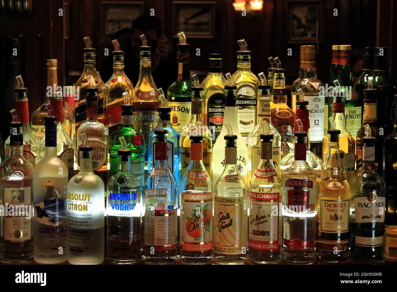 New York, USA - November 22, 2010: Various alcohol bottles in the bar ...