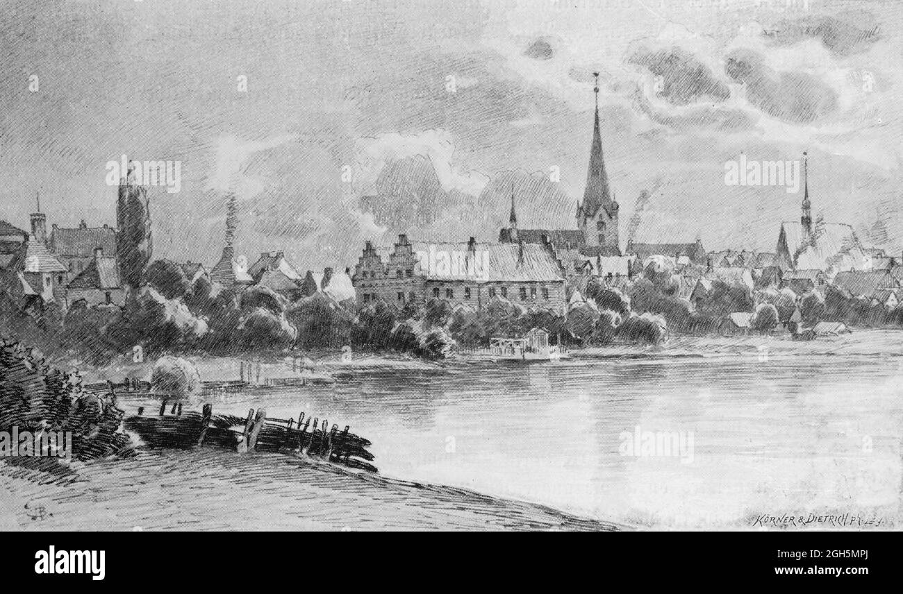 Mid 19th century view of the historic city Kiel on the Baltic Sea ...