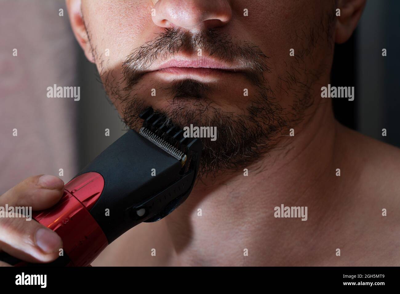 Process cutting beard handsome with trimmer. Young caucasian bearded ...