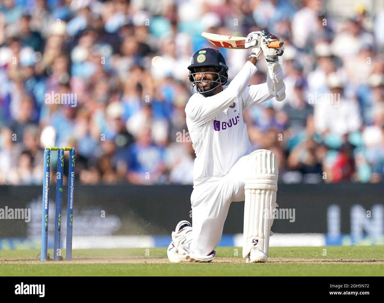 India's Jasprit Bumrah bats during day four of the cinch Fourth Test at ...