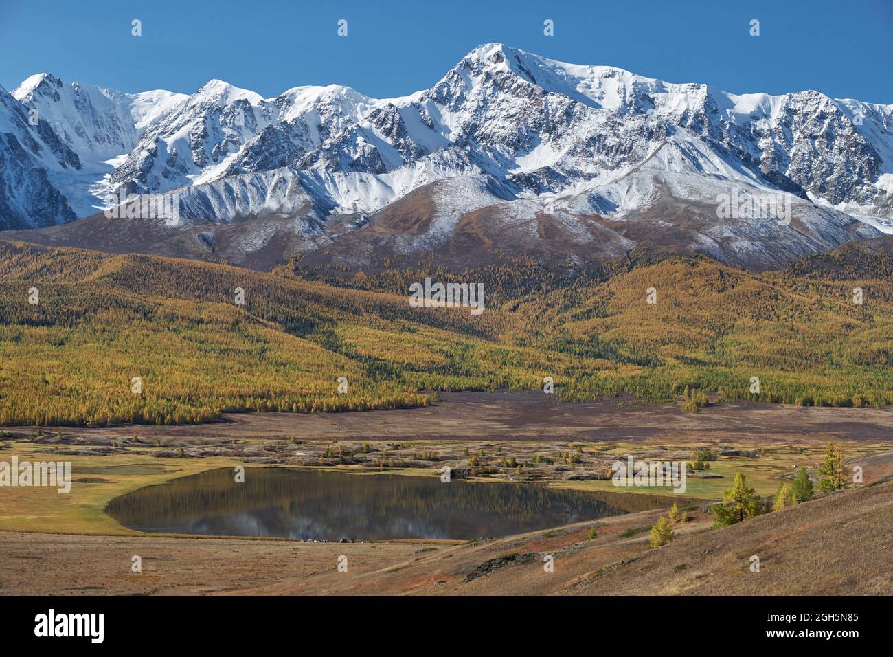 View on Altai lake Dzhangyskol on mountain plateau Eshtykel. North Chui ...