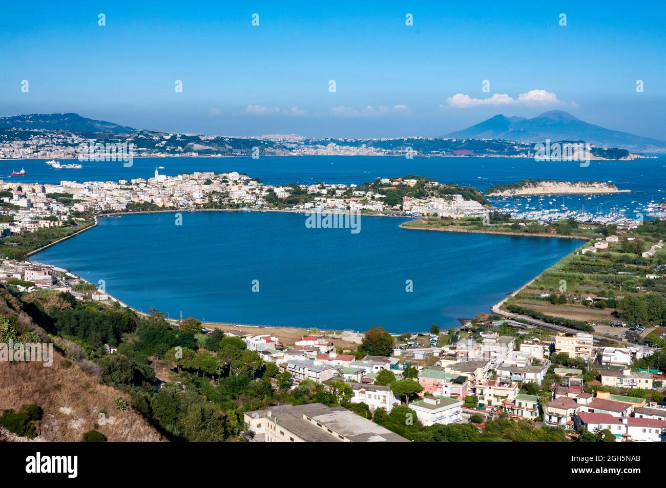 landscape of Miseno its promontory and lake from Procida mount Naples ...