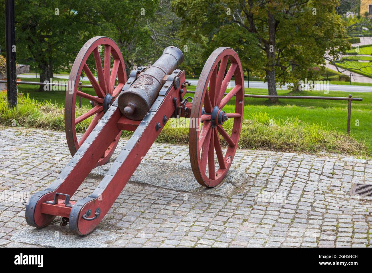 Close up view of old vintage cannon on green plants background ...