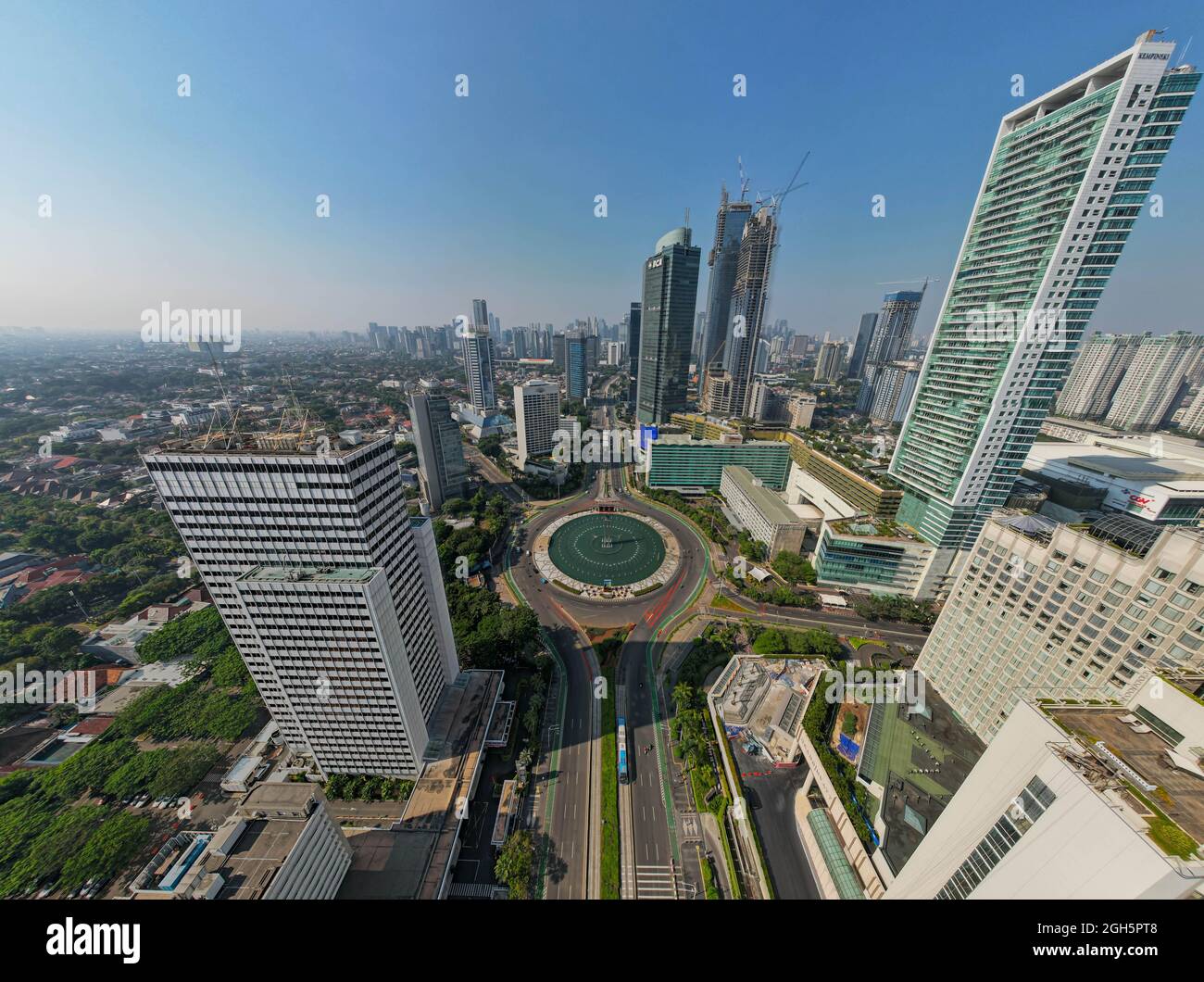 Aerial view of the city traffics at the Hotel Indonesia Roundabout ...