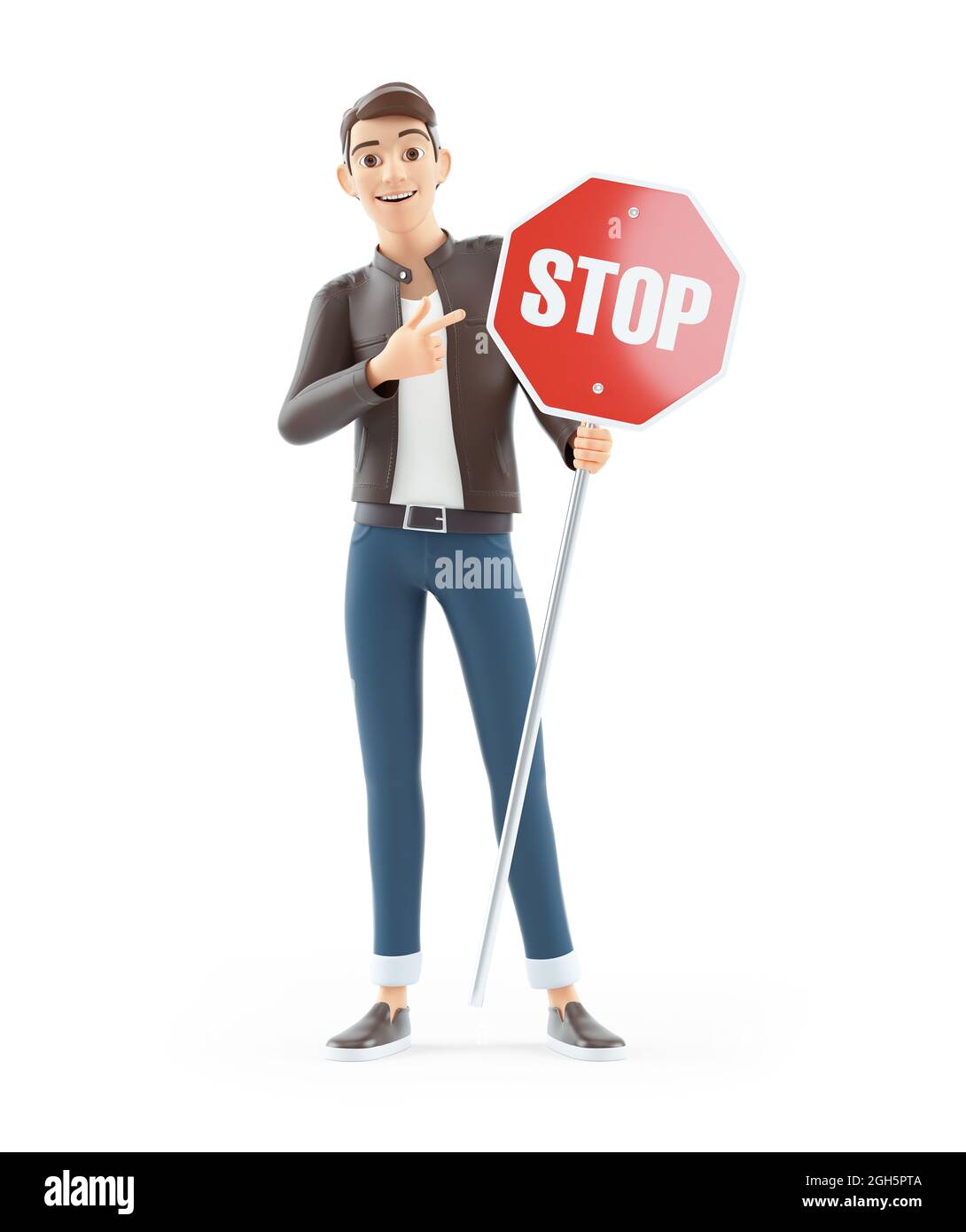 3d cartoon man pointing at stop sign, illustration isolated on white ...