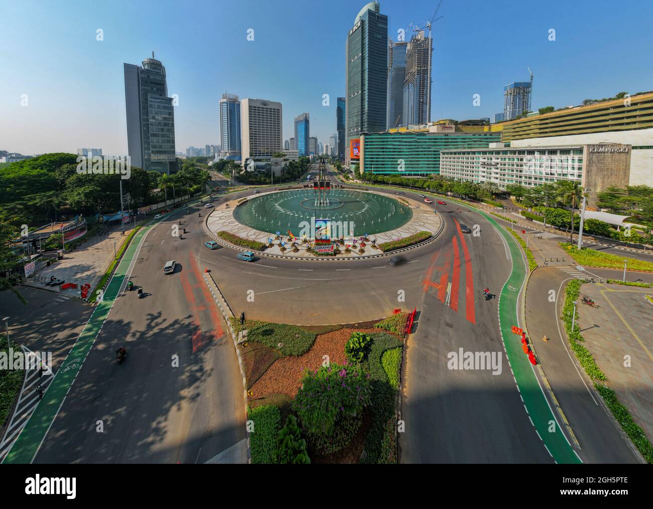 Aerial view of the city traffics at the Hotel Indonesia Roundabout ...