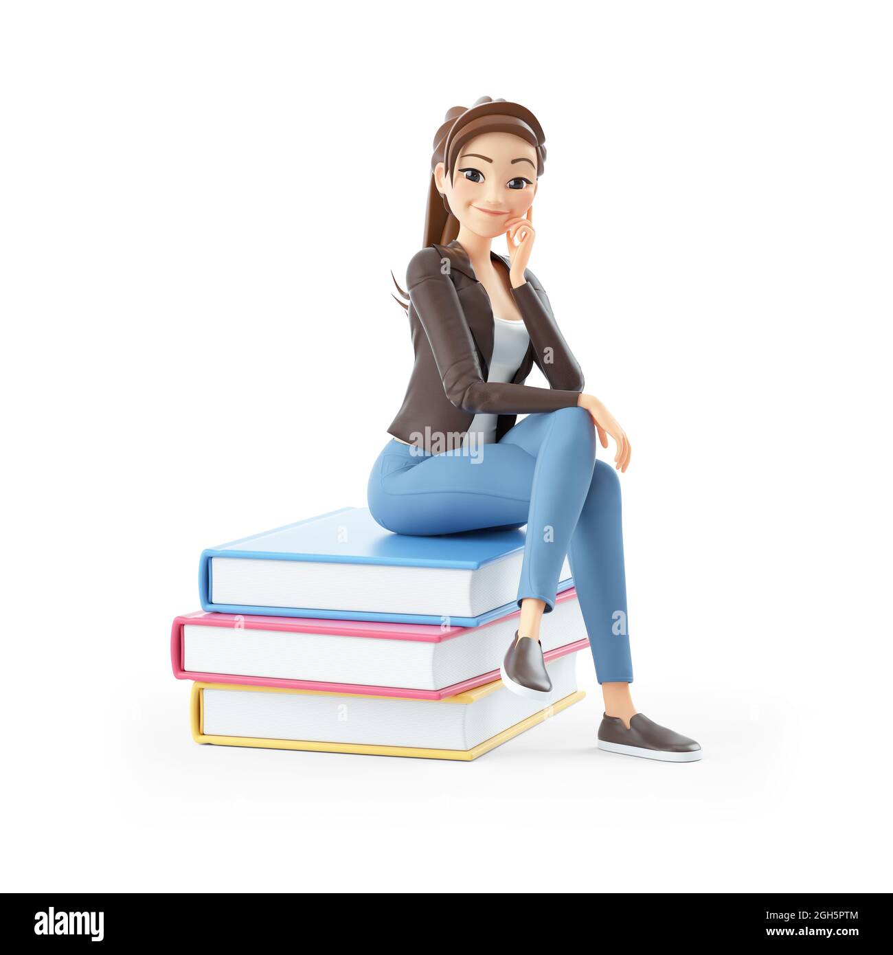 3d cartoon woman sitting on books, illustration isolated on white ...
