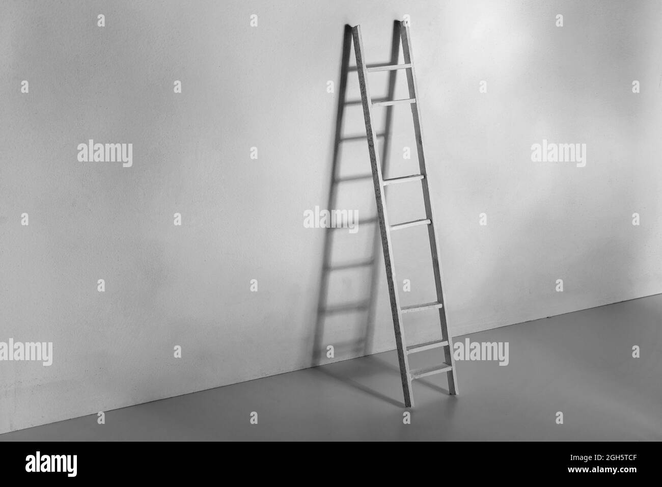 Black and white of ladder against smooth wall with shadow in light room ...