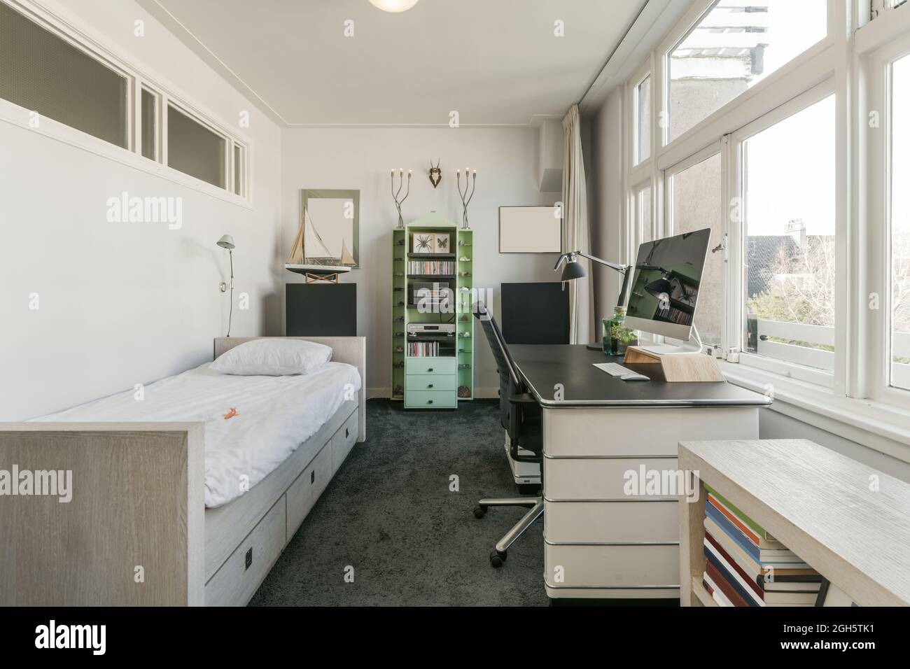 Home interior design of contemporary room with single bed and modern ...