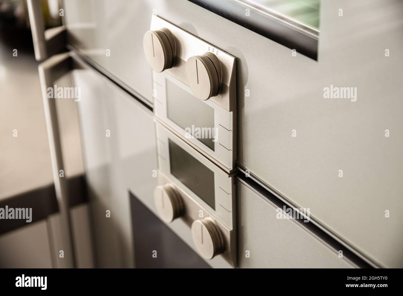 Selective focus on control panel with switches and display on electric ...