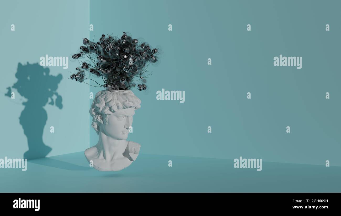 Brainstorming concept. David's head sprouting ideas in the form of ...