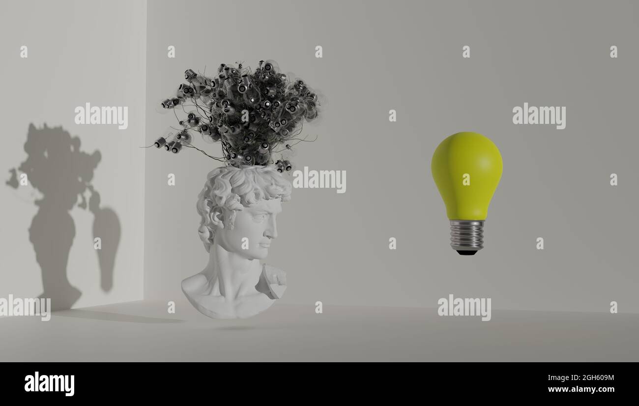 Brainstorming concept. David's head sprouting ideas in the form of ...