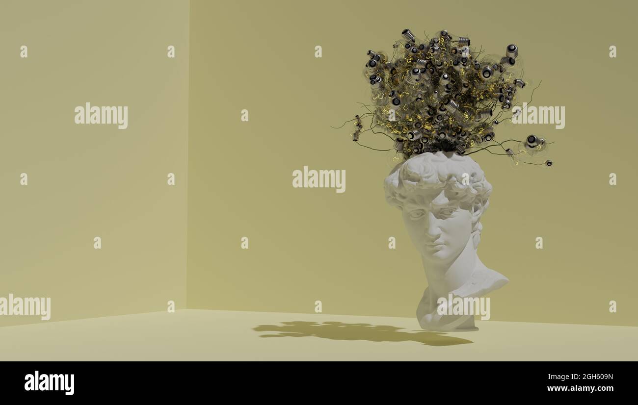 Brainstorming concept. David's head sprouting ideas in the form of ...