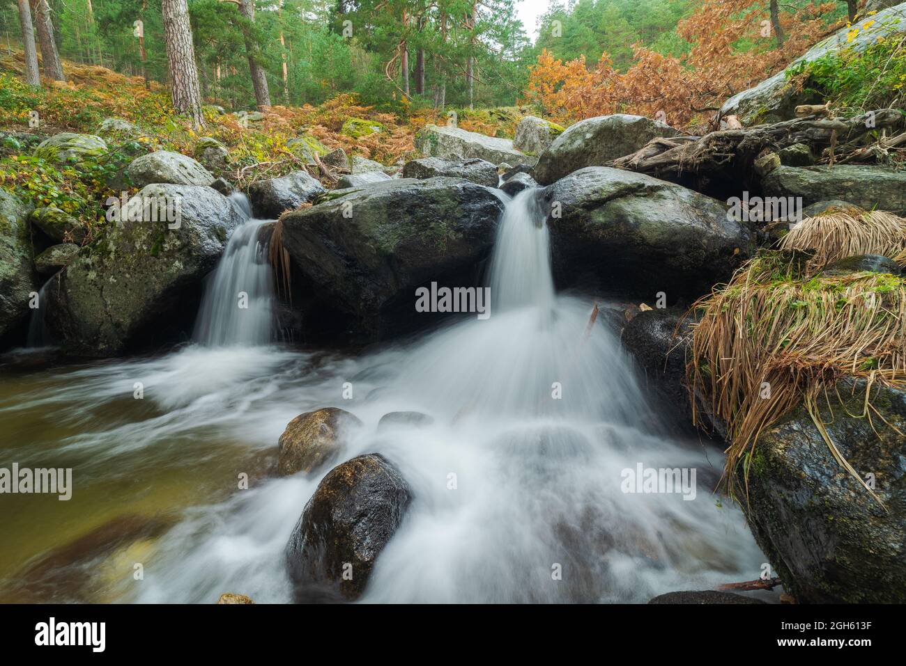 Picturesque view of cascade with foamy water fluid between boulders ...