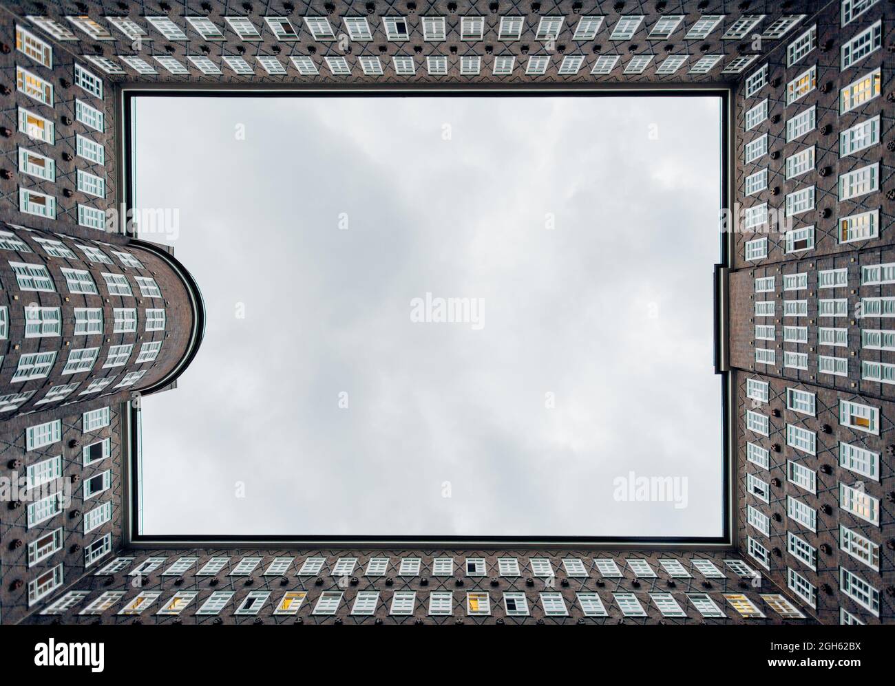 From below famous Chilehaus office building with many windows on ...