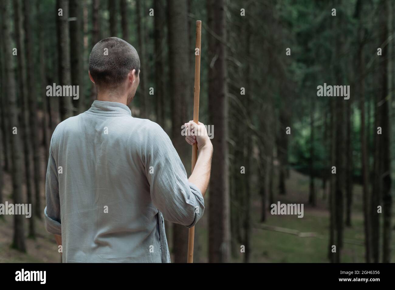 Back view of unrecognizable man with stick standing on rock near trees ...
