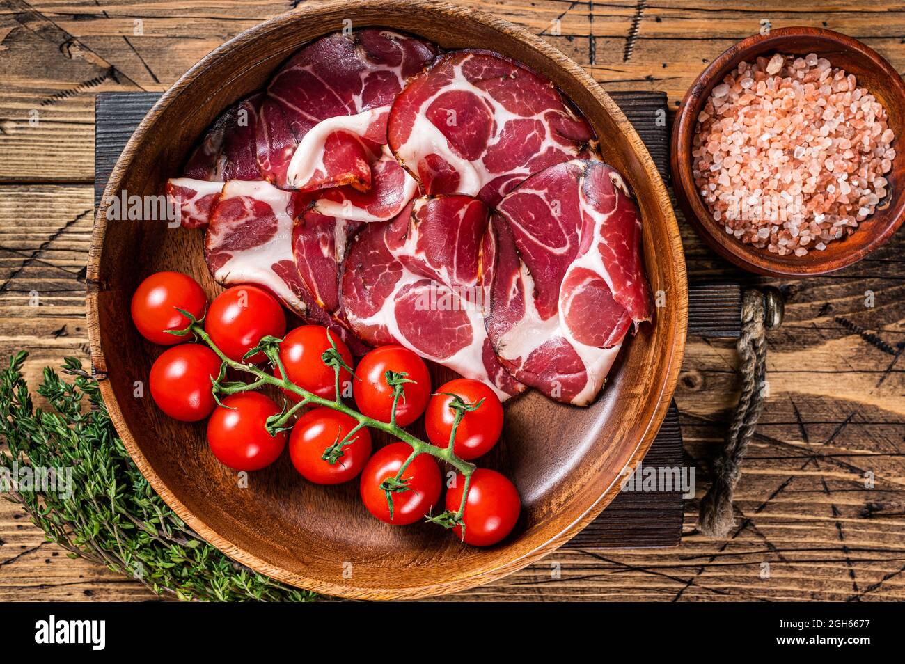 Italian sliced cured coppa ham with spices. wooden background. Top view ...