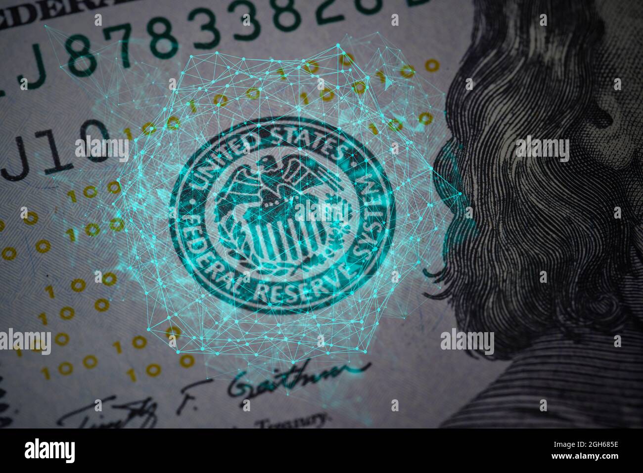 Safety and new technologies in us dollar banknotes. Close-up shot of ...