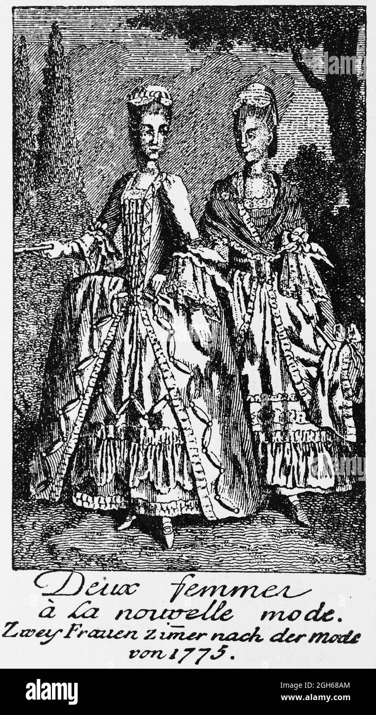 Two women dressed in the fashion of 1775, historic engraving of Kiel ...