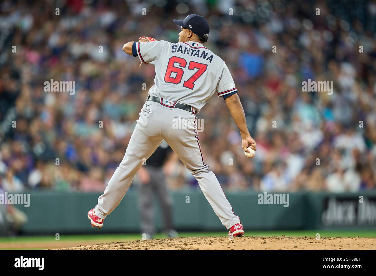 Denver CO, USA. 4th Sep, 2021. Atlanta pitcher Edgar Santana (67 ...