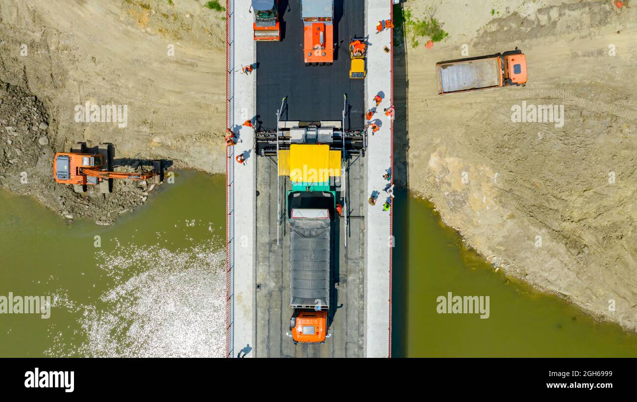 Above top view, overhead, on transportation with truck delivery of hot ...