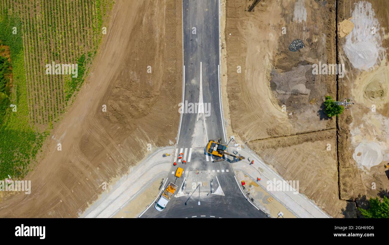 Above top view, overhead on circular road, roundabout under ...