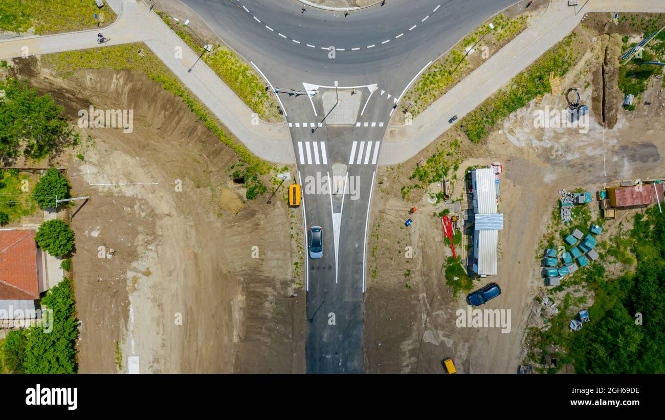 Above top view, overhead on circular road, roundabout under ...